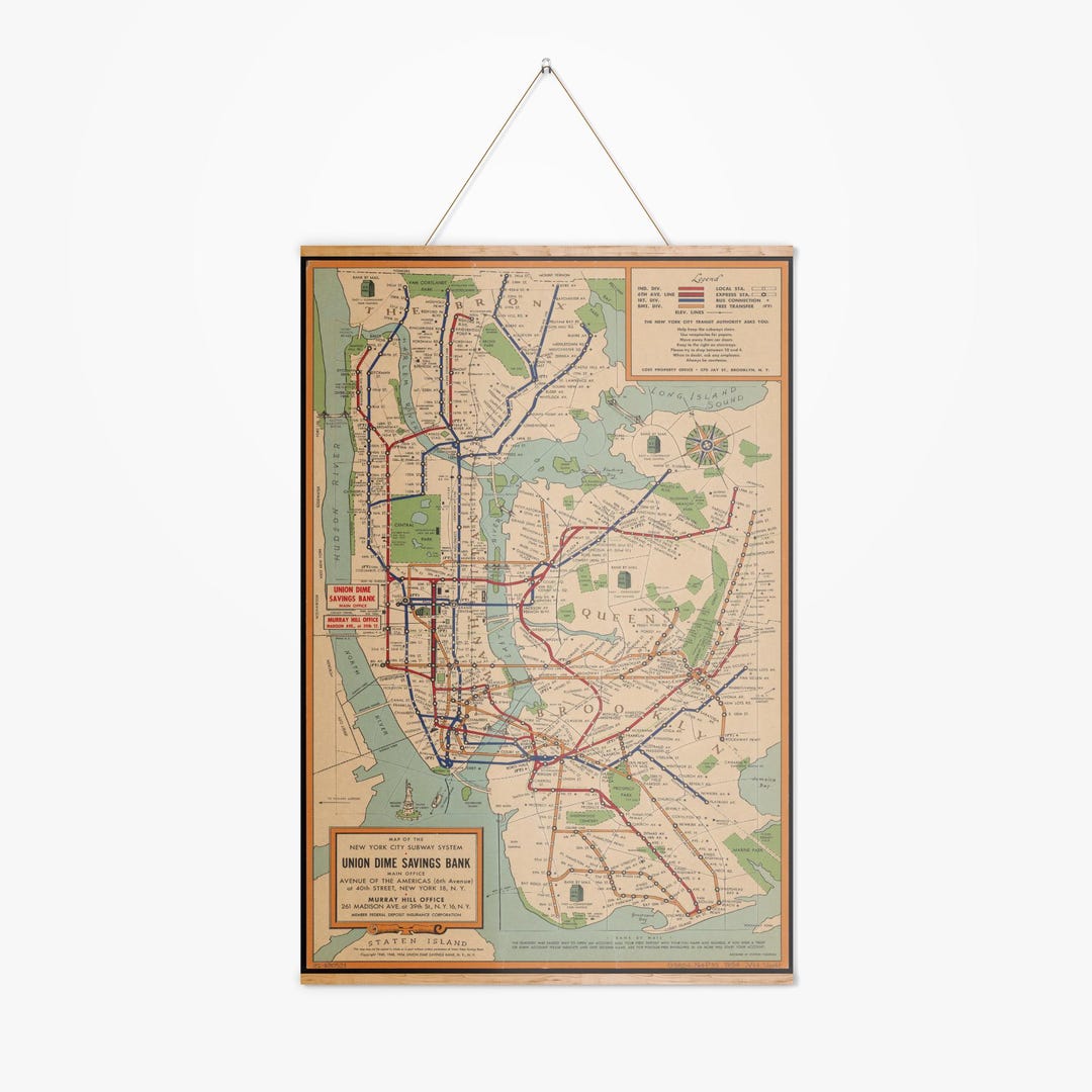 New York City Subway Map Vintage Style Map of NYC Subway Wooden Banner ...