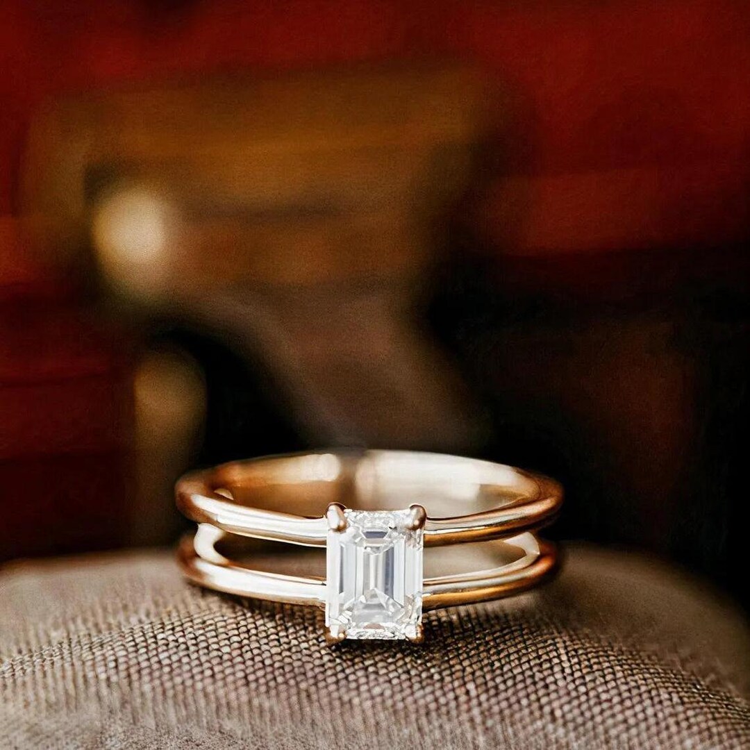 1.7 Emerald Cut Double Band Ring,solitaire Moissanite Double Band Ring ...