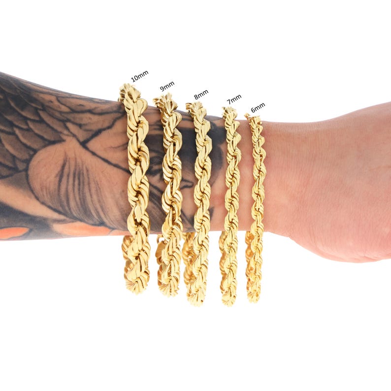 14K Yellow Gold Diamond Cut Rope Bracelet | Real Italian Gold Chain ...