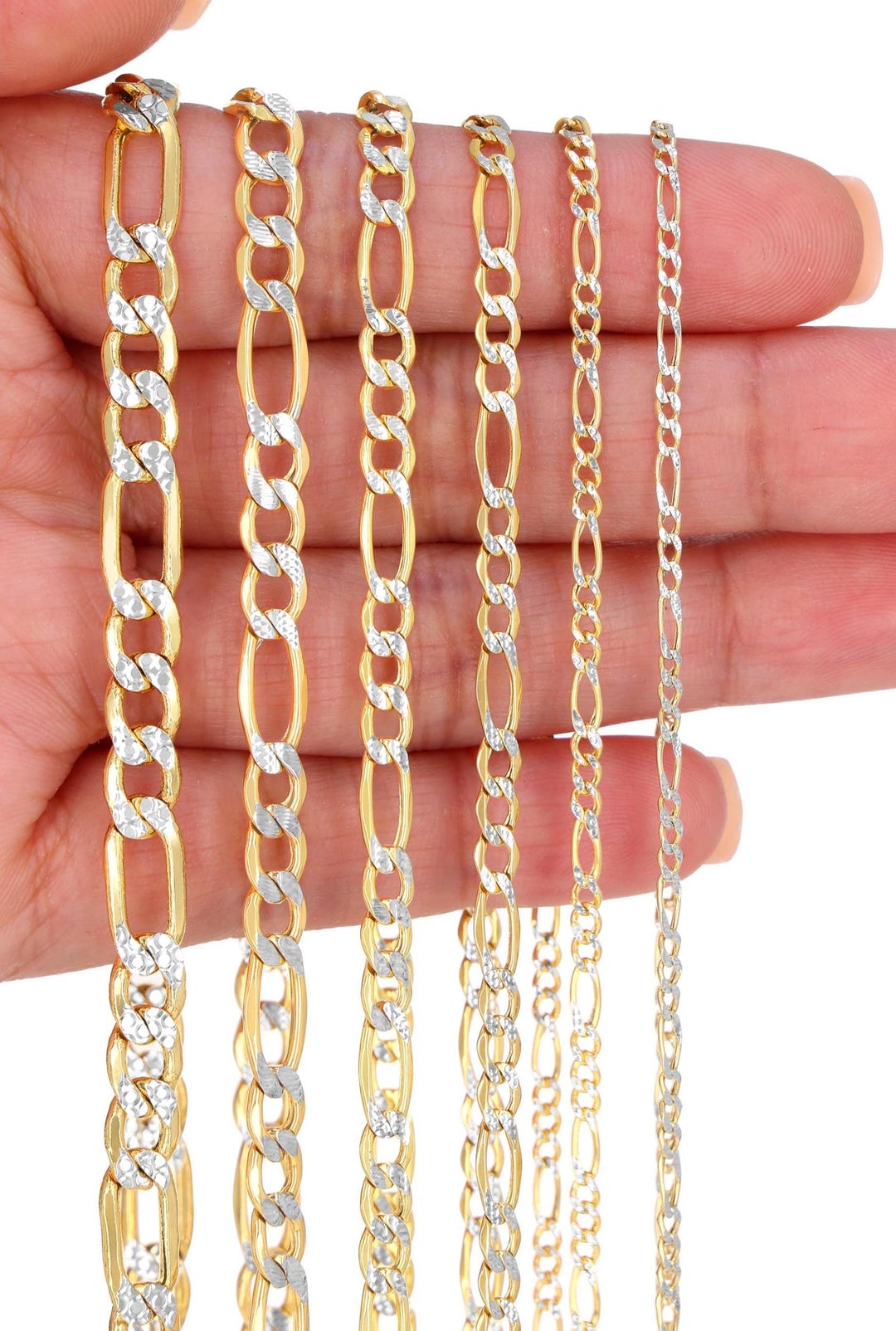 10K Yellow Gold Pave Diamond Cut Figaro Chain | Real Gold Italian Link ...