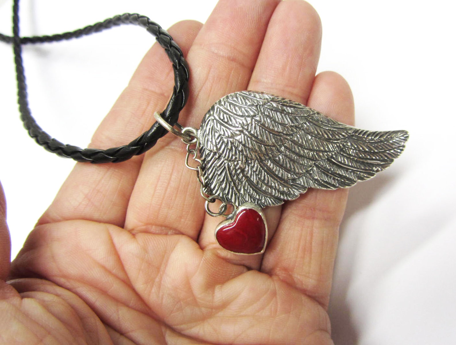 Heart Wing Necklace Sterling Silver Pendant Red Coral Leather Braidied ...