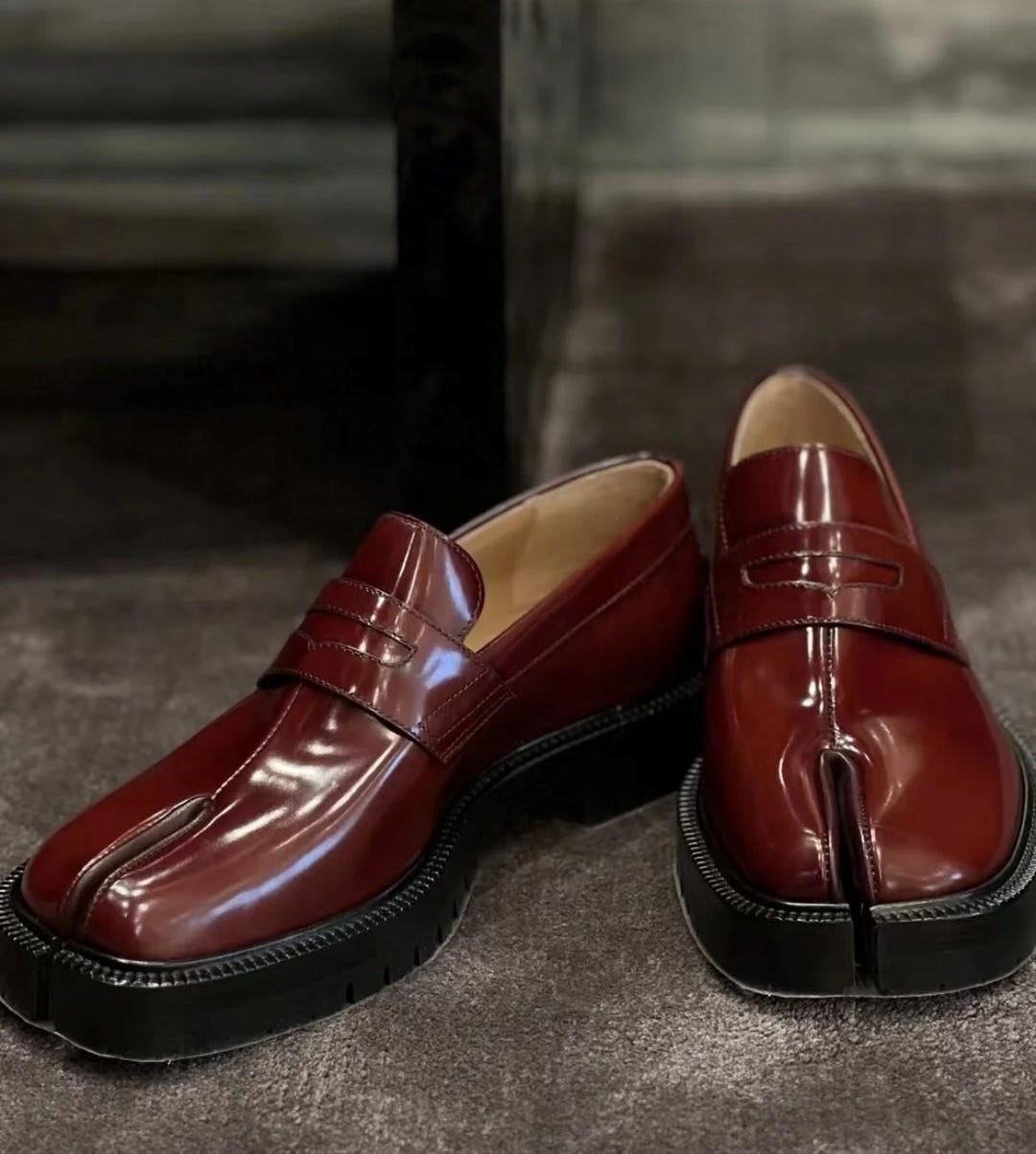 Red Classical Women's Leather Tabi Loafers, Thick Heel Split Toe Tabi ...