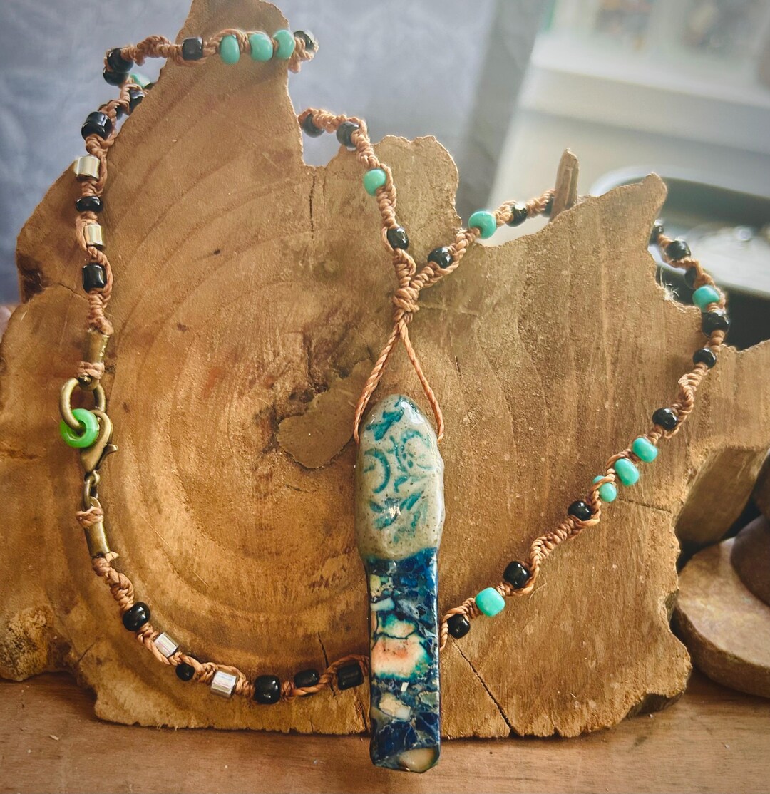 Beaded, Waxed Brazilian Cord, Resin-dipped Polymer Stone Pendant With ...
