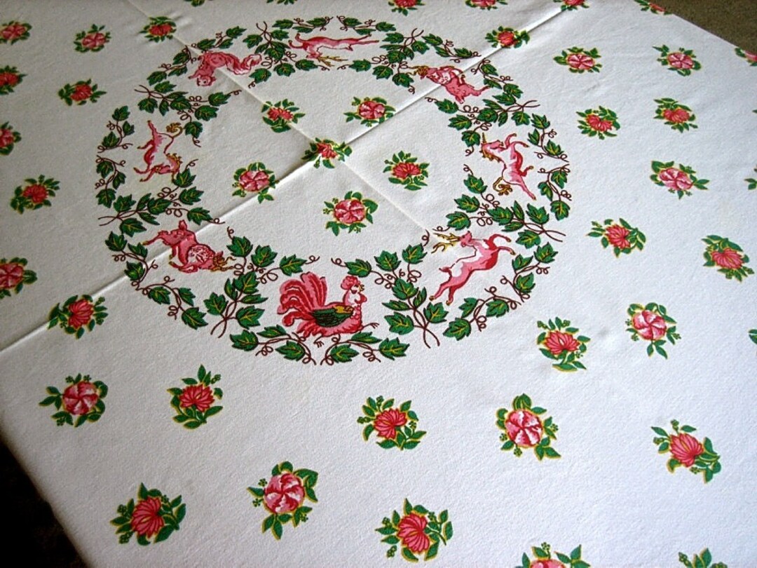 RETRO Vintage Print TABLECLOTH Cotton Sailcloth Dancing Animals Rooster ...