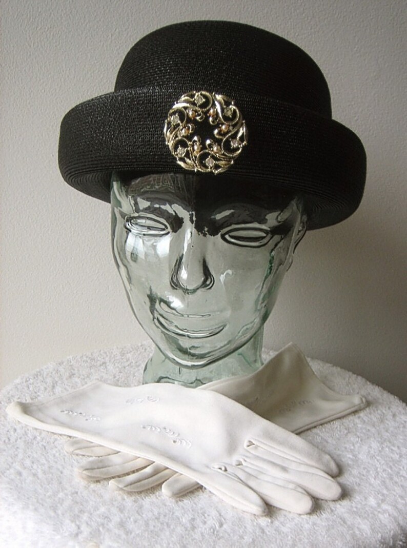 HAT Vintage Dress up Costume Retro Cap Pill Box Era Black Straw BROOCH ...