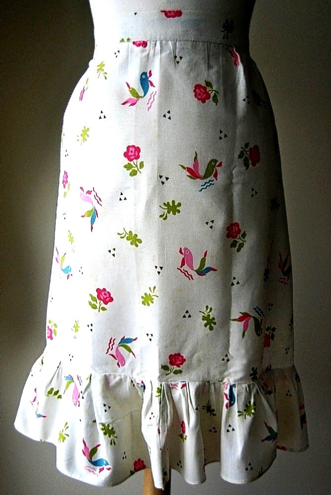 APRON Kitchen Pinafore Cook Chef Skirt Cover Vintage Light Cotton Fish ...