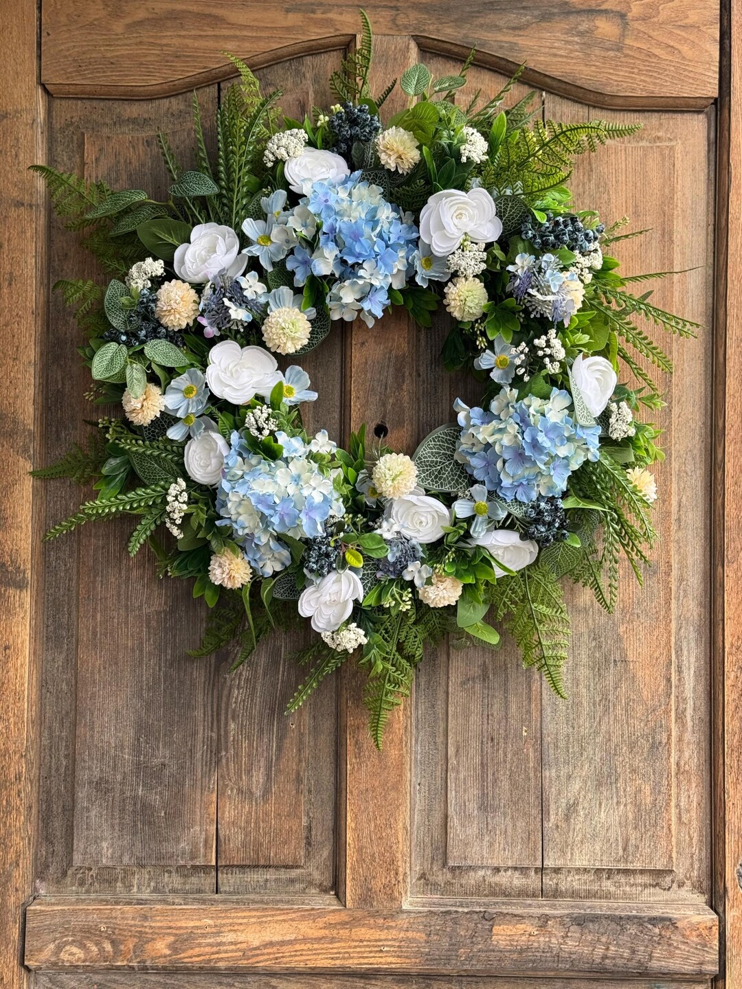 Blue Hydrangea and White Roses With Ferns and Realist Foliage. Front ...