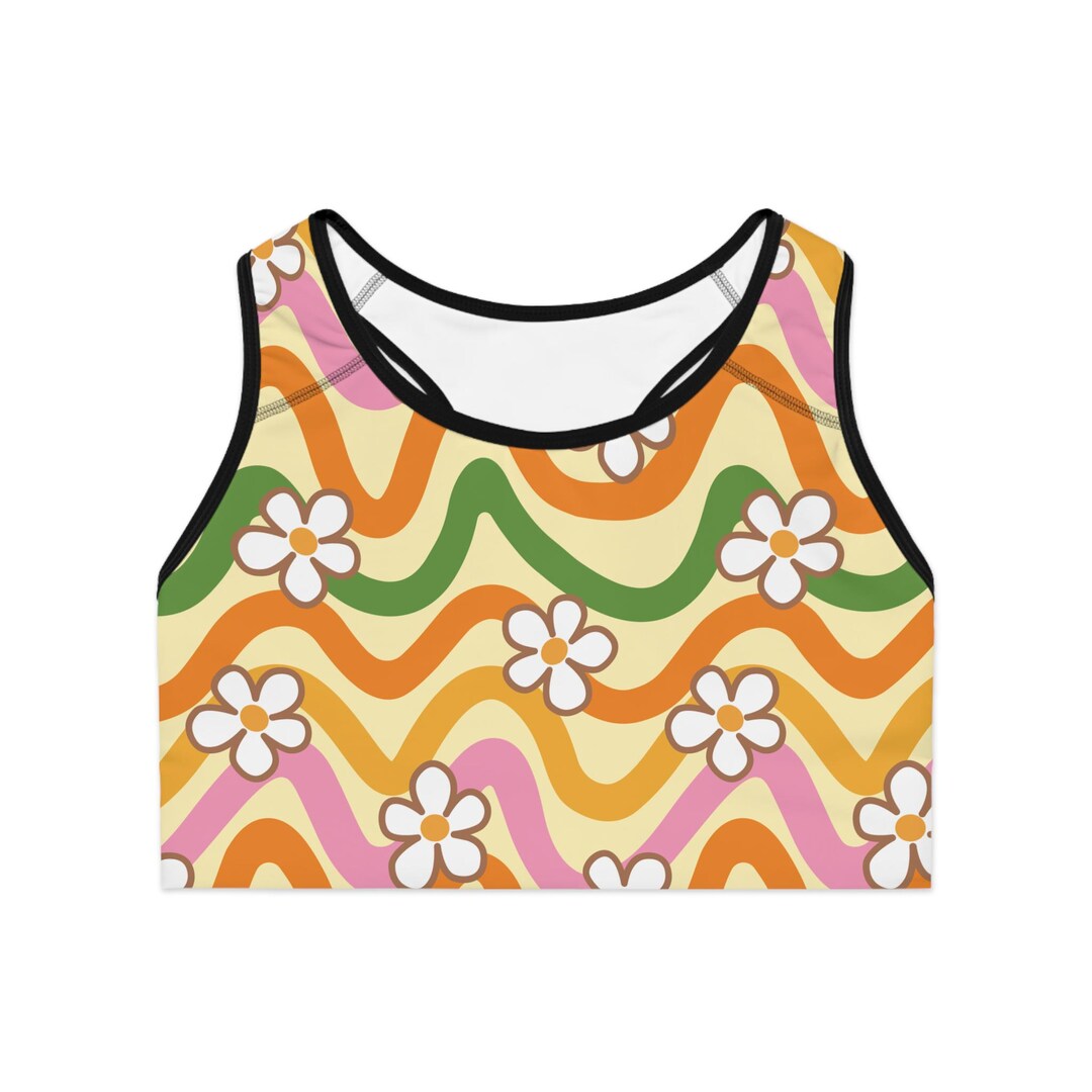 Retro Floral Sports Bra - 70s Style Activewear for Yoga, Fitness, and ...