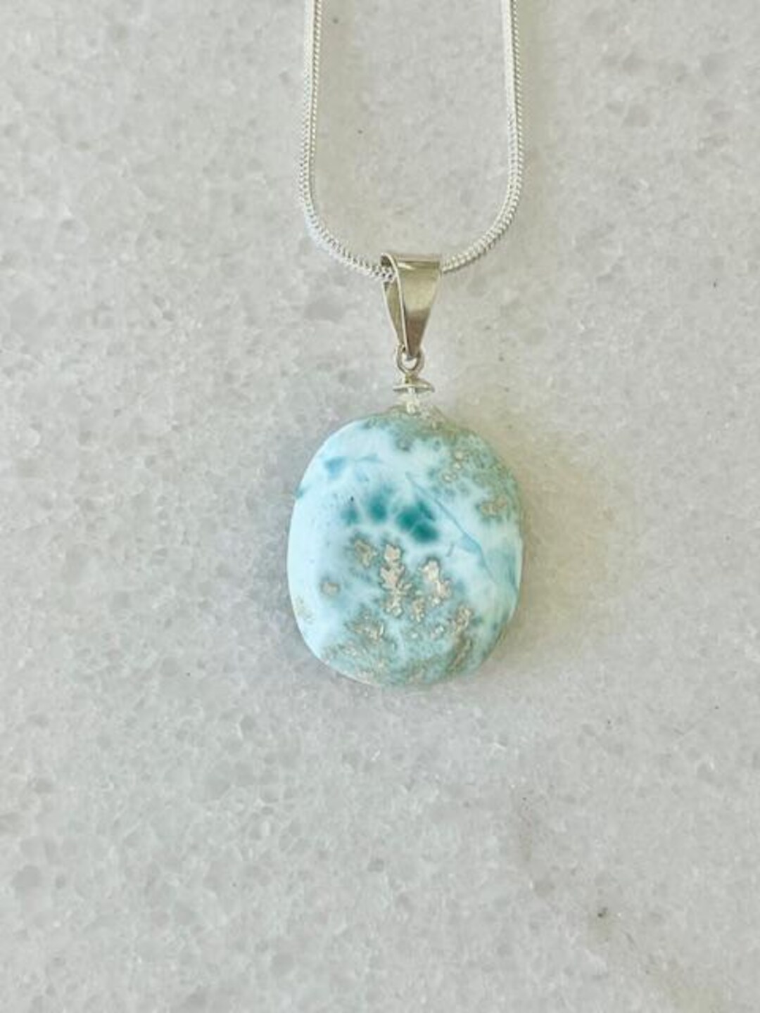 Genuine Dominican Larimar Oval Pendant in Silver Holder With Silver ...