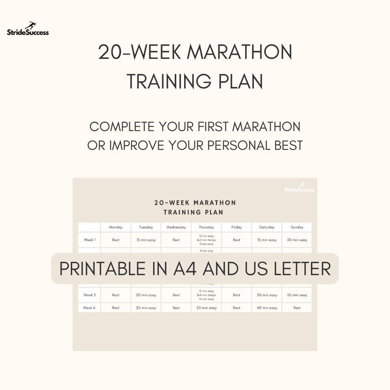 Printable 20-week Marathon Training Plan A4 US Letter, First Marathon ...
