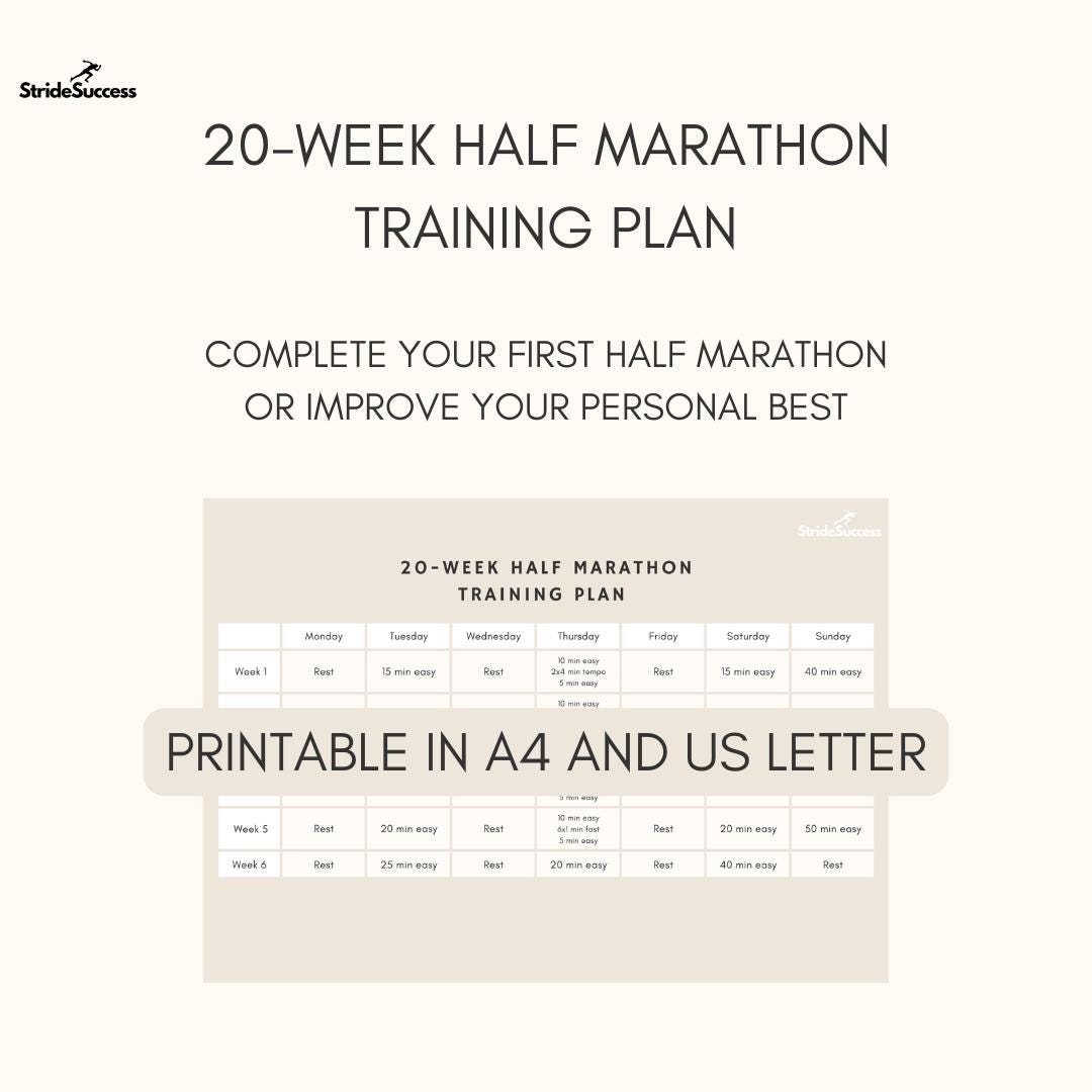 Printable 20-week Half Marathon Training Plan, A4, US Letter, First 13. ...