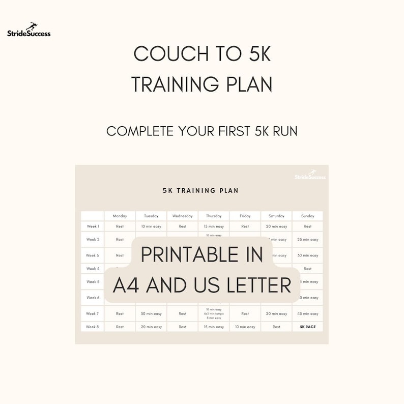 Printable 8-week Couch to 5k Training Plan for Beginners, A4 US Letter ...