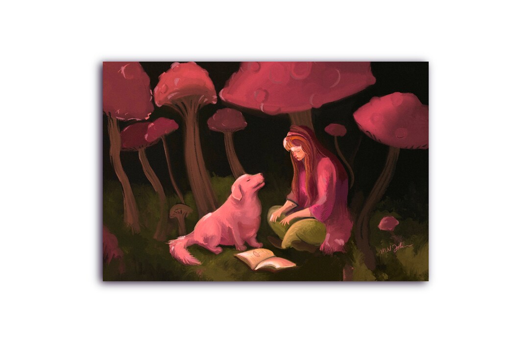 Art Postcard / Lost in the Mushroom Forest / Whimsical Dog Postcard ...