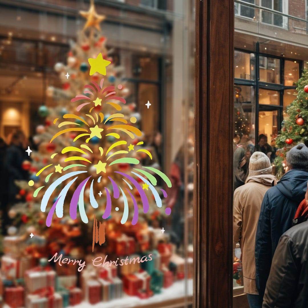 Merry Christmas Tree Window Decal-fireworks Colorful Christmas Tree ...
