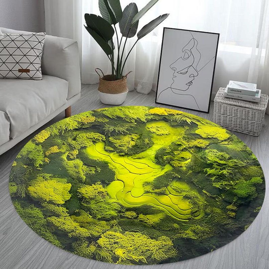 Not Fluffy, Moss Look Carpet, Green Printed Moss Round Carpet, Moss ...