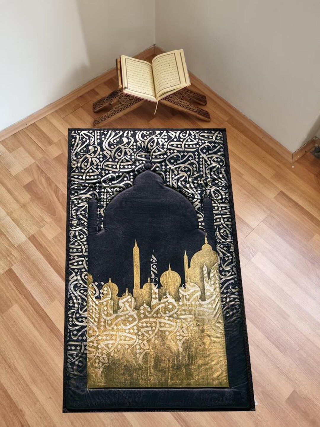 Mosque Minaret Kiswa Prayer Mat, Black Prayer Rug, Eid Gifts, Soft ...