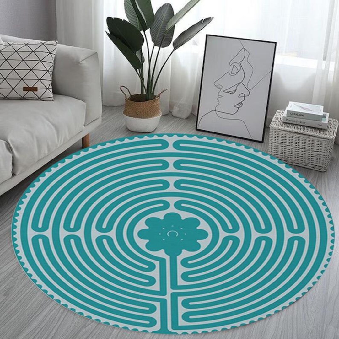 Meditation Yoga Rug, Breathing Exercise Rug, Teal Blue Labyrinth Round ...