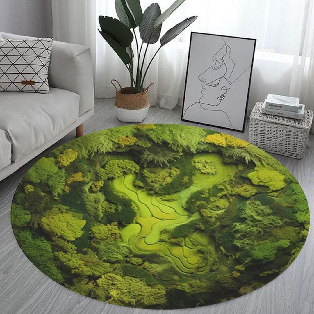 Green Printed Moss 5ft Round Rug, Mossy Print Mountain Landscape Fluffy ...