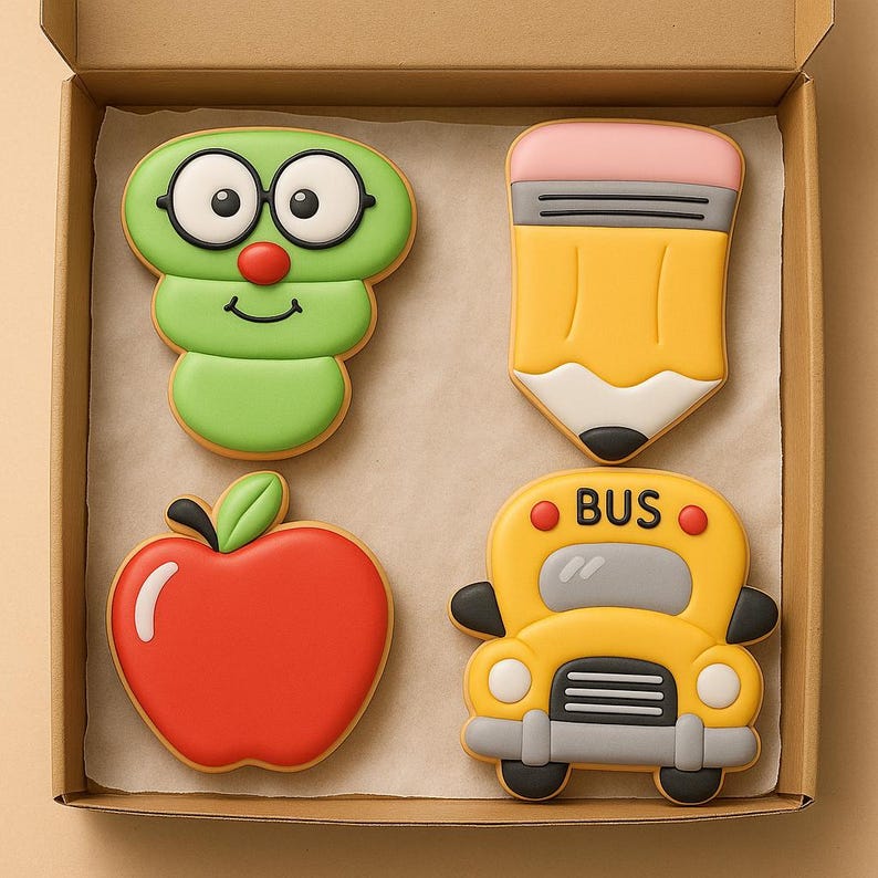 Back to School Cookies Set – Pencil, Bus, Apple, Bookworm Royal Icing ...