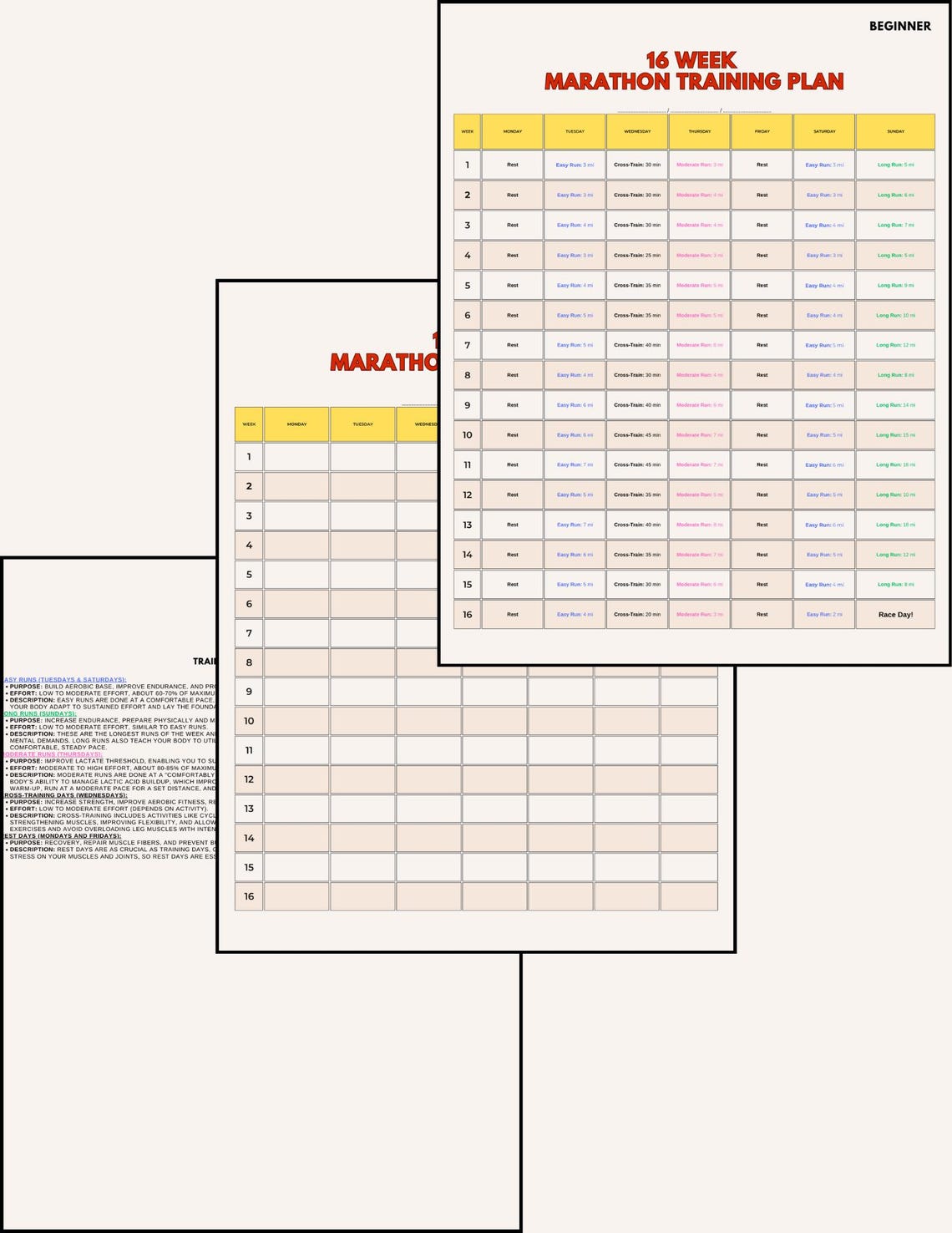 Beginner Marathon Training Plan: 16-week Program (canva Template) - Etsy