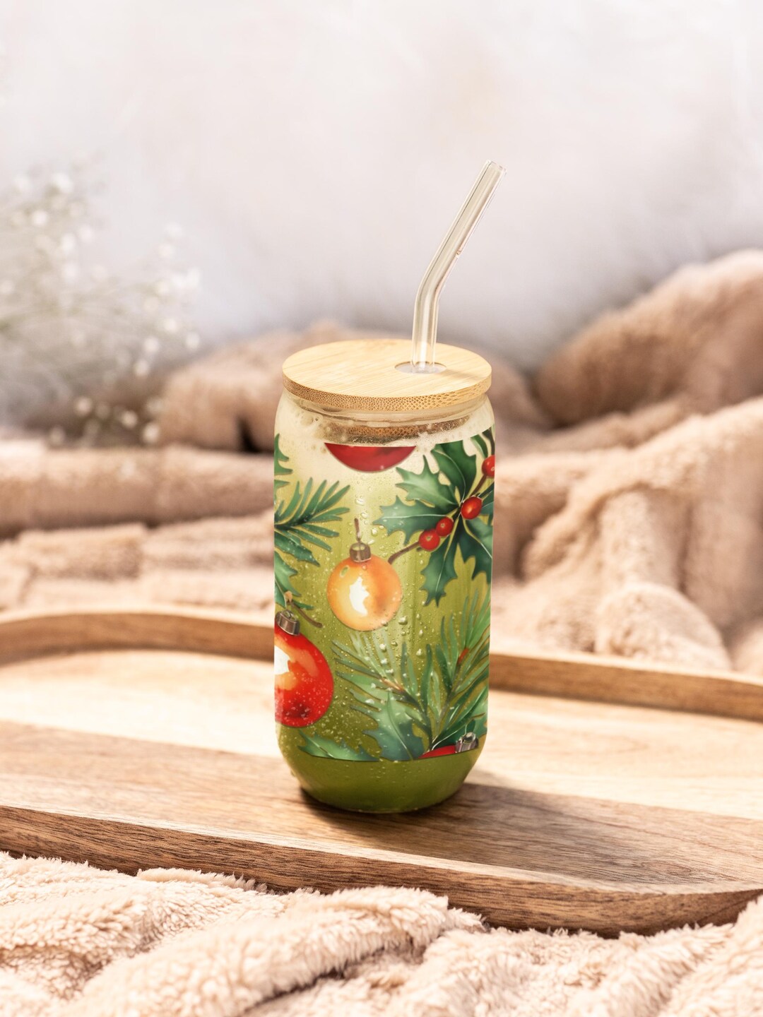 Christmas Bulb Sipper Glass 16oz Tumbler Holiday Party Cup, Festive ...