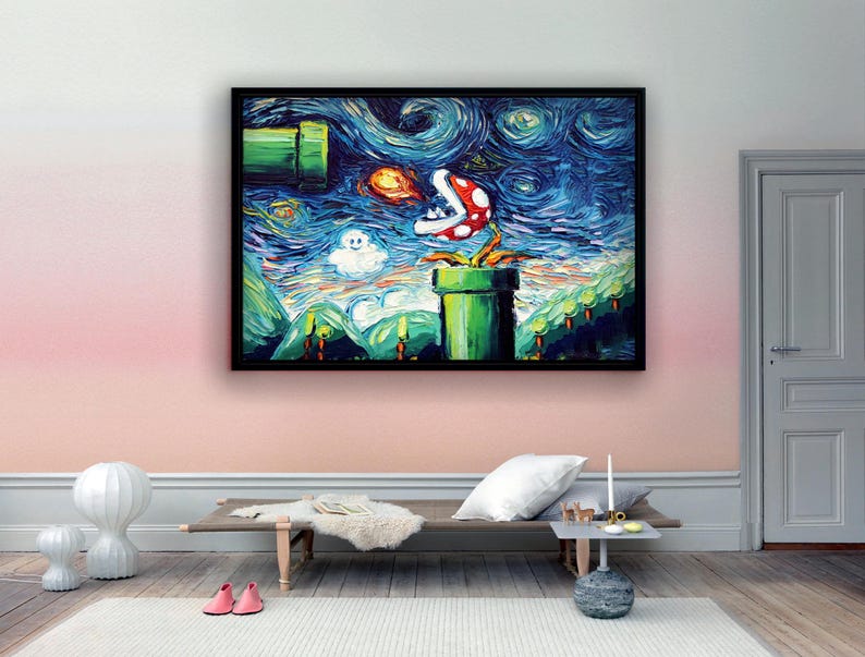 Mario Bros Starry Night, Mario World Gogh Poster, Van Gogh Artwork ...