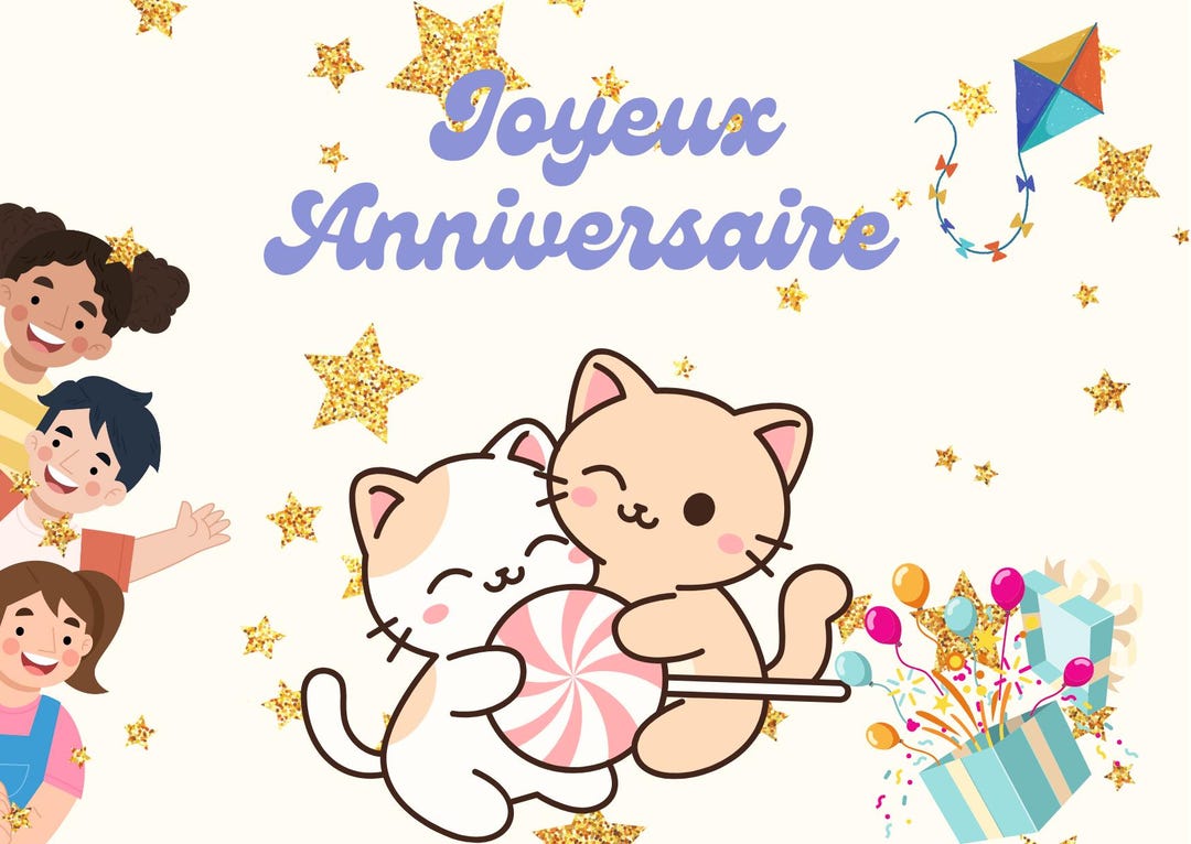 Kids Digital Birthday Card - Kittens, Kids & Cake, Cute Printable Card ...