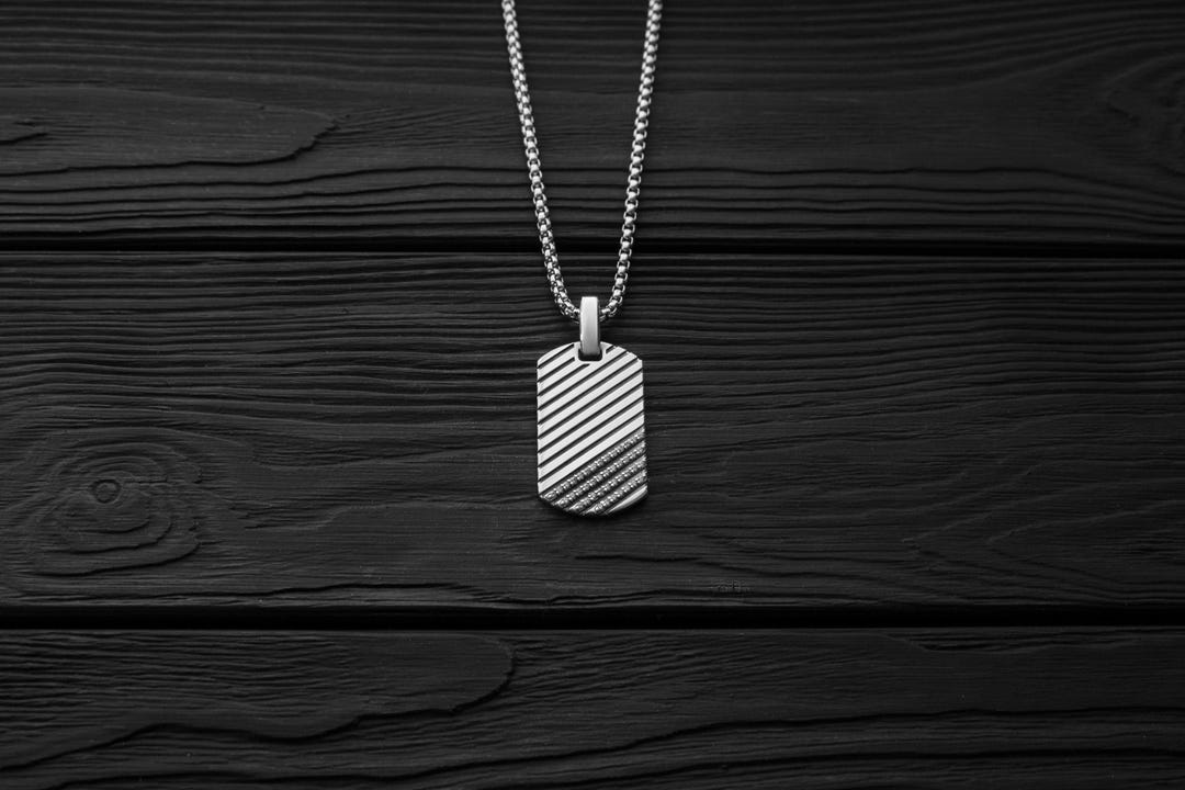 Mens Elegant Silver Dog Tag Necklace With Stones & Stripes, Engraved ...