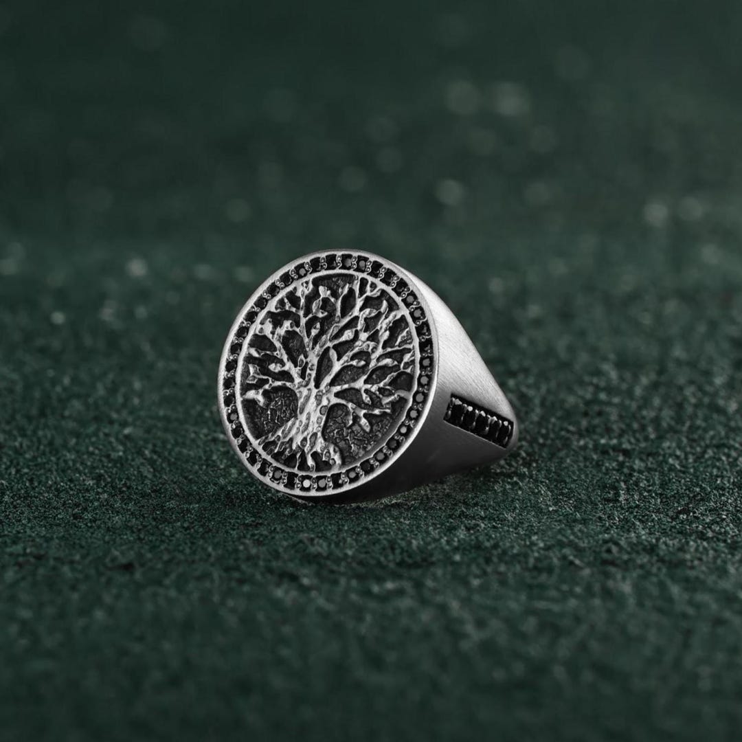 Tree of Life Silver Signet Ring for Men With Black Diamonds Engraved ...