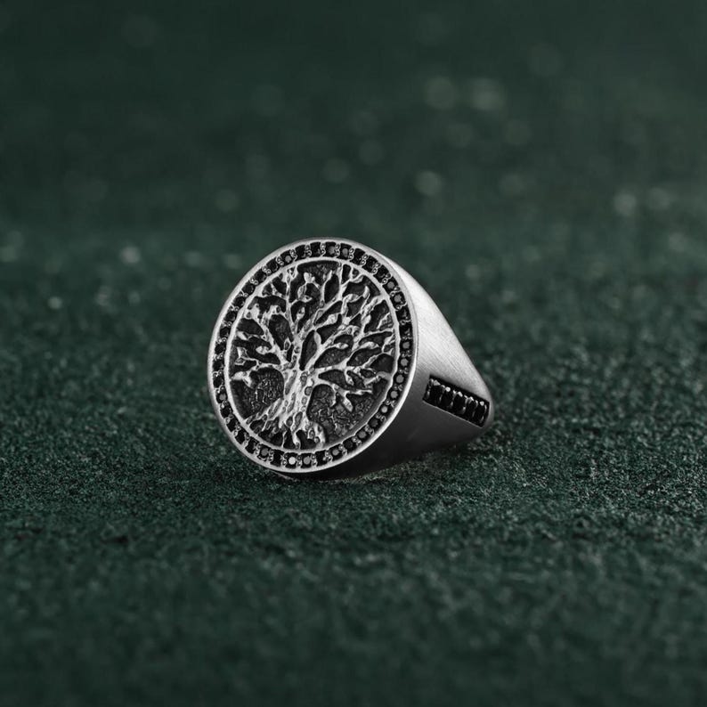 Tree of Life Silver Signet Ring, Black Diamond Accent - Etsy