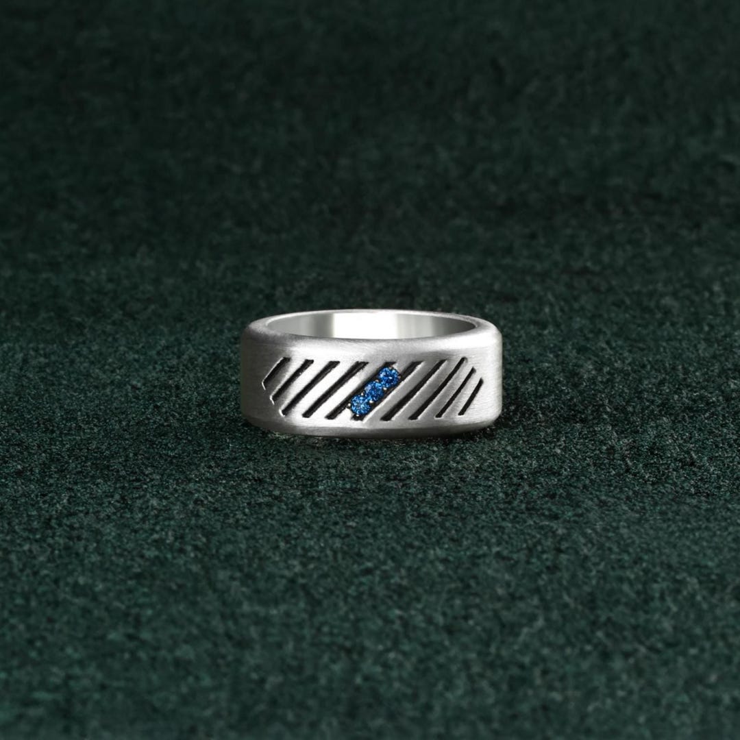 Matte Silver Dome Ring With Blue Sapphires and Engraved Diagonal ...