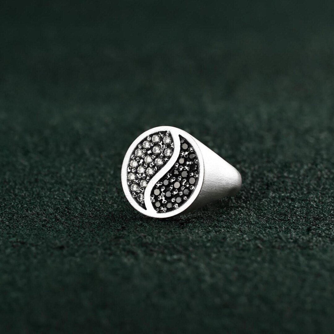 Ying Yang Mens Signet Ring With Gemstones Black and White Diamonds ...