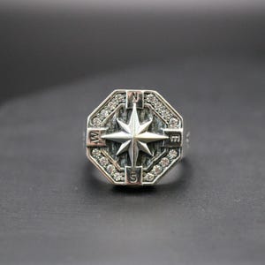 Compass Mens Silver Signet Ring Diamond North Star Octagon Shape North ...