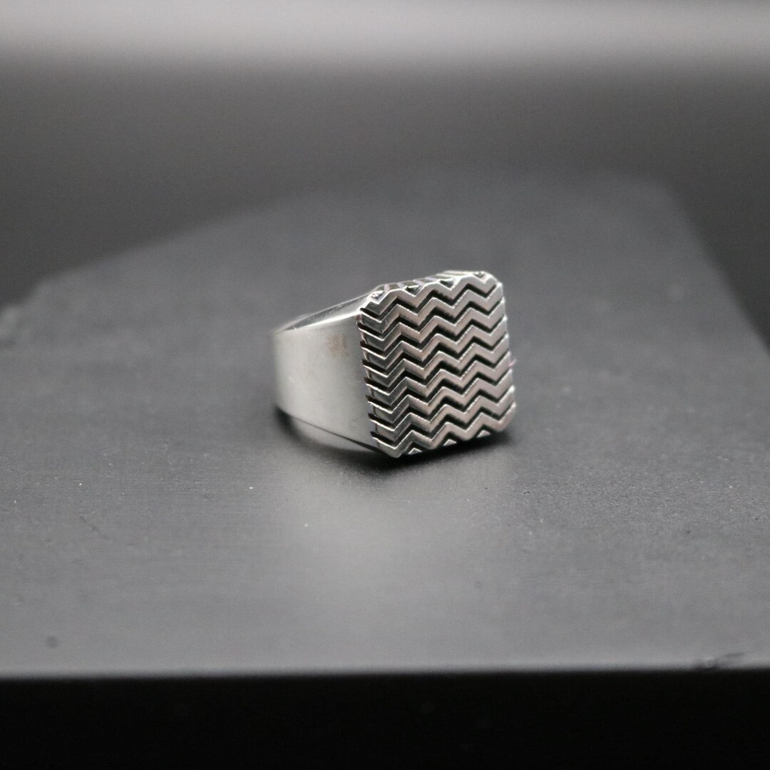 Square Silver Signet Ring Element of Earth Zigzag Engraved Durable ...