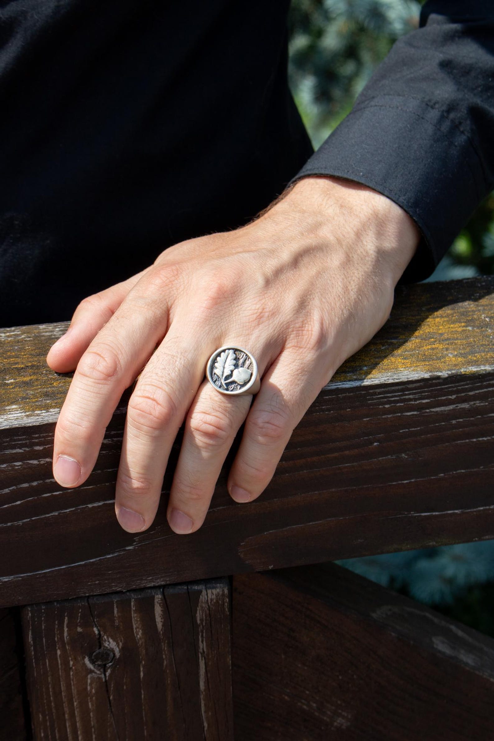 Oak Leaf Acorn Signet Ring, Oxidized Sterling Silver Nature Ring - Etsy