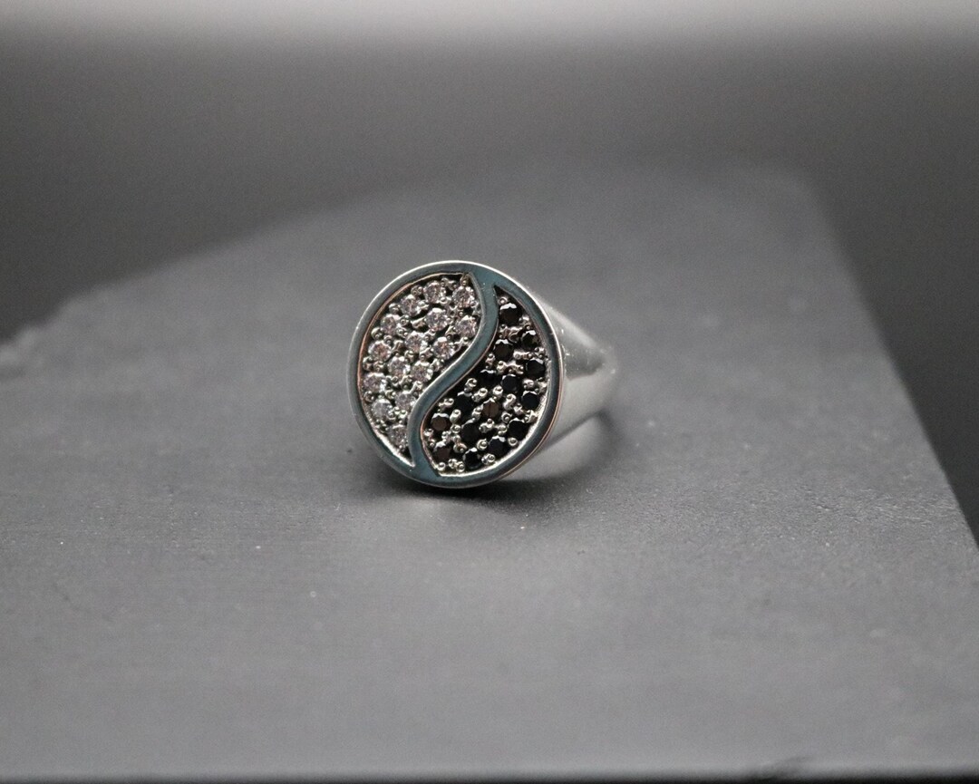 Ying Yang Mens Signet Ring With Gemstones Black and White Diamonds ...
