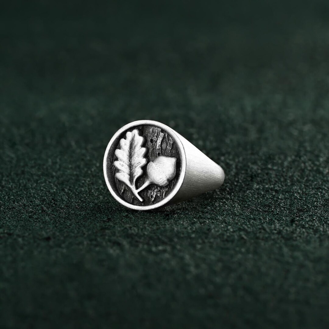 Oak Leaf Acorn Signet Ring, Oxidized Sterling Silver Nature Ring - Etsy