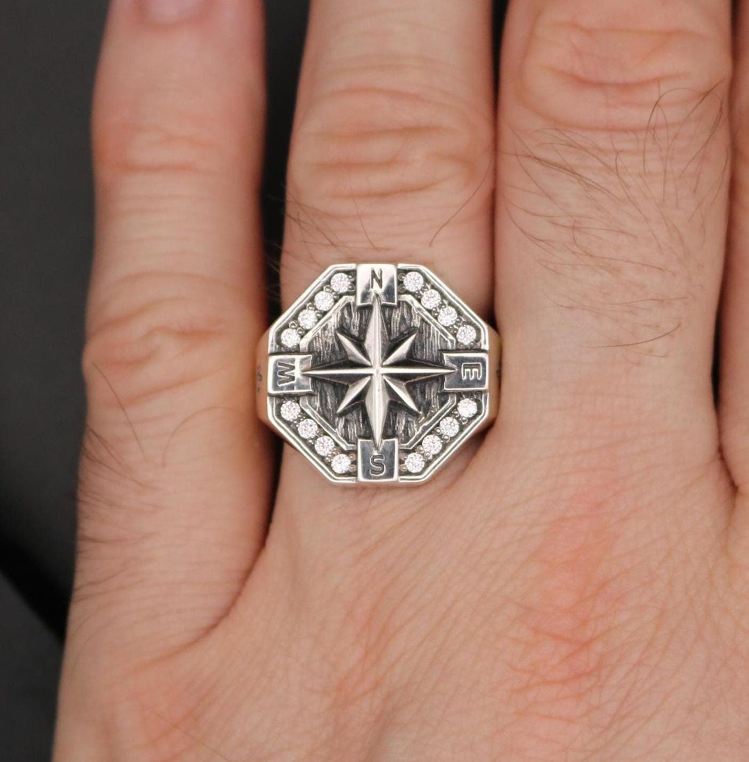 Compass Mens Silver Signet Ring Diamond North Star Octagon Shape North ...