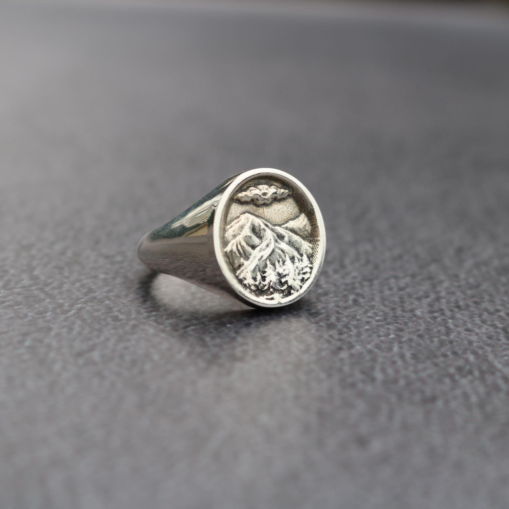 Sky and Mountains Mens Signet Ring Silver Unique Engraved Nature ...