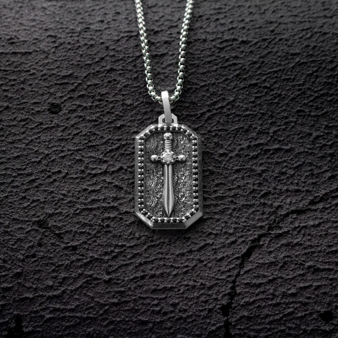 Knight Sword Men Pendant Necklace Silver, Octagon Pendant Gift for Him ...