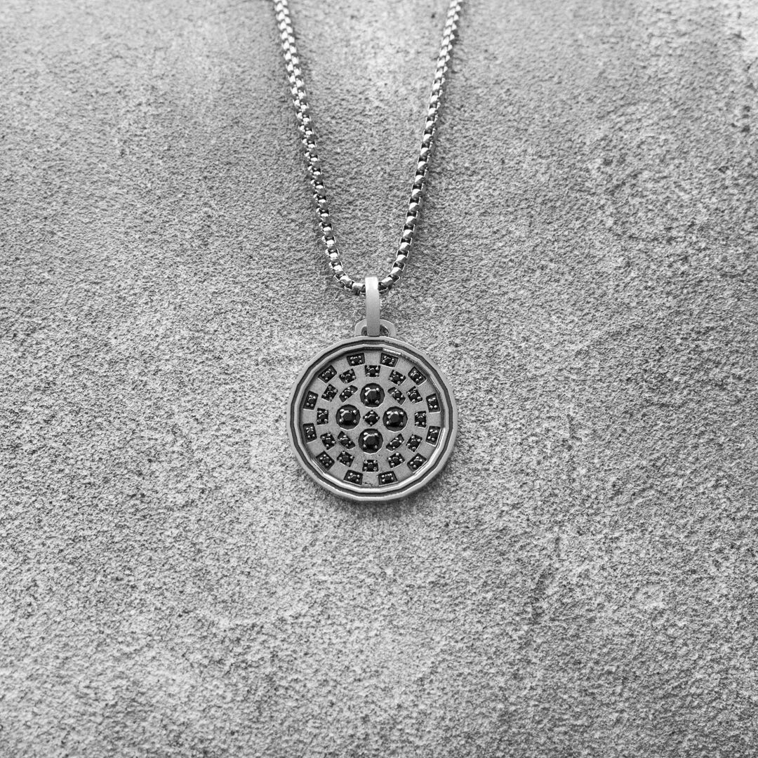 Mens Wheel of Time Amulet Necklace Silver 925 With Black Diamond ...