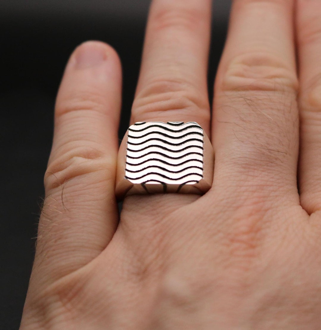 Mens Silver Signet Ring Element of Water Wavy Lines Engraved Aquarius ...