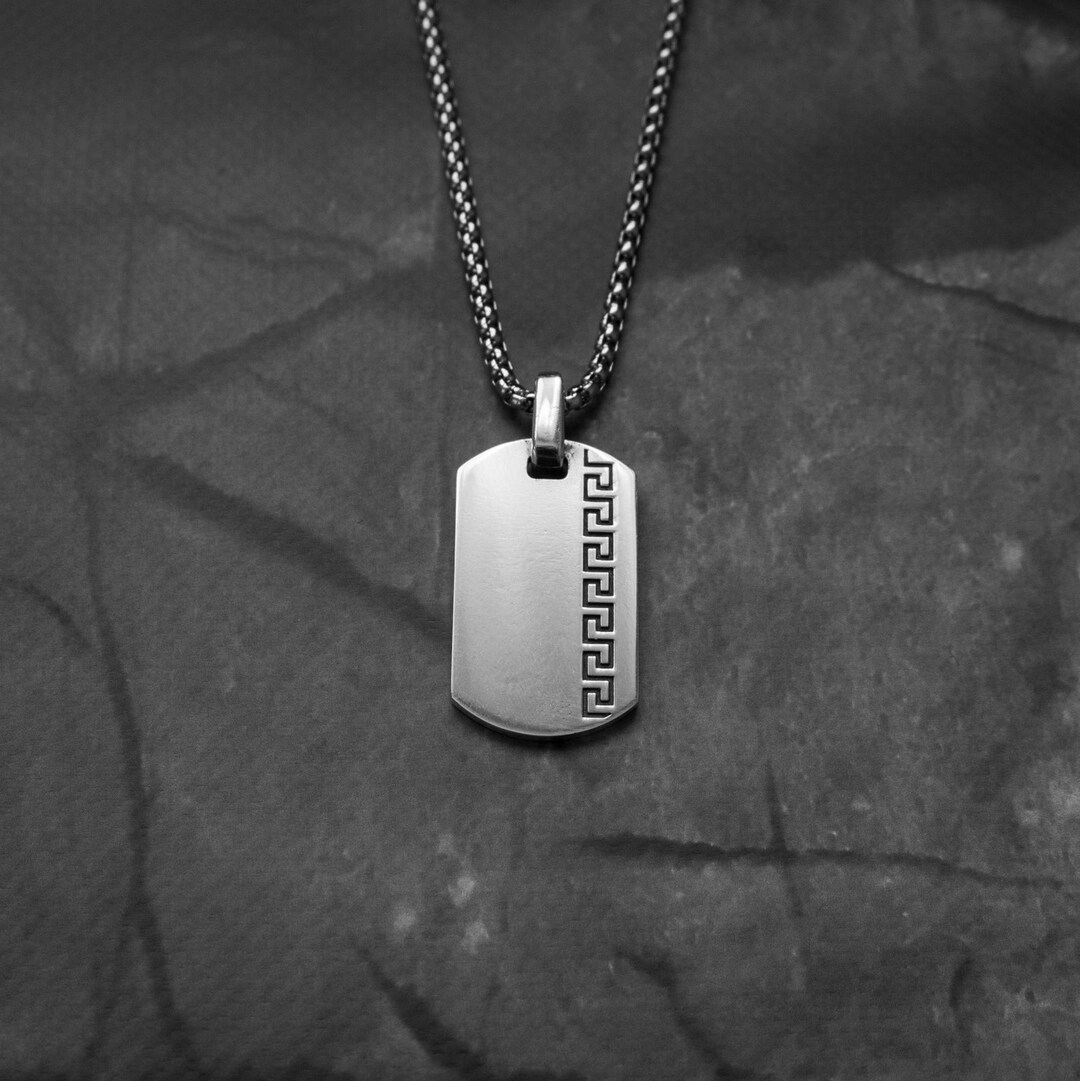 Silver Greek Key Dog Tag Necklace, Mens Meander Pendant, Ancient Amulet ...