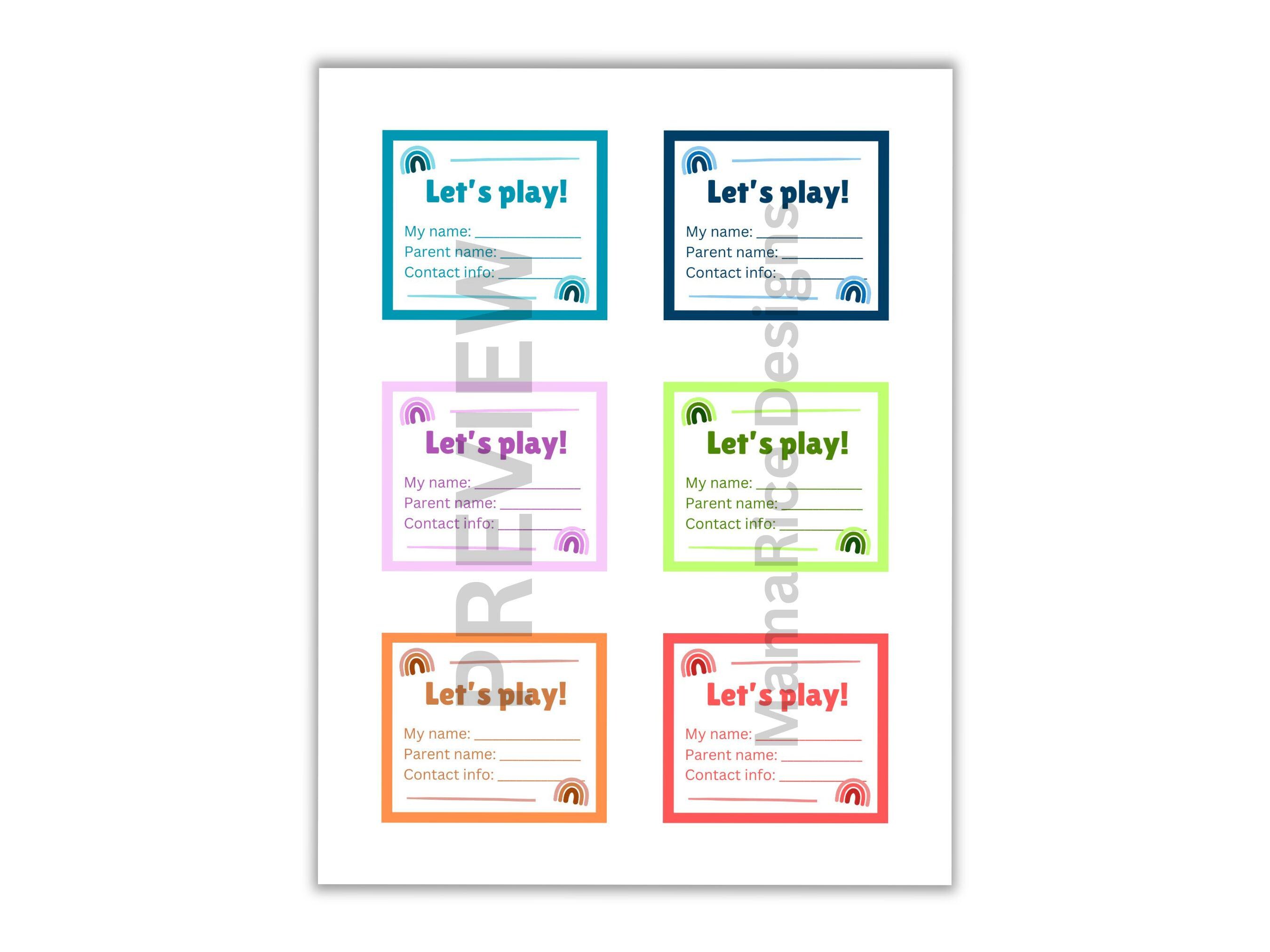 Play Date Contact Cards - Let's Play Printable Parent Contact Card for ...