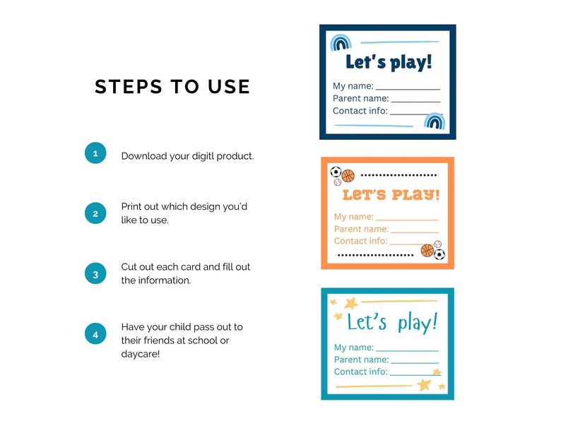 Play Date Contact Cards - Let's Play Printable Parent Contact Card for ...