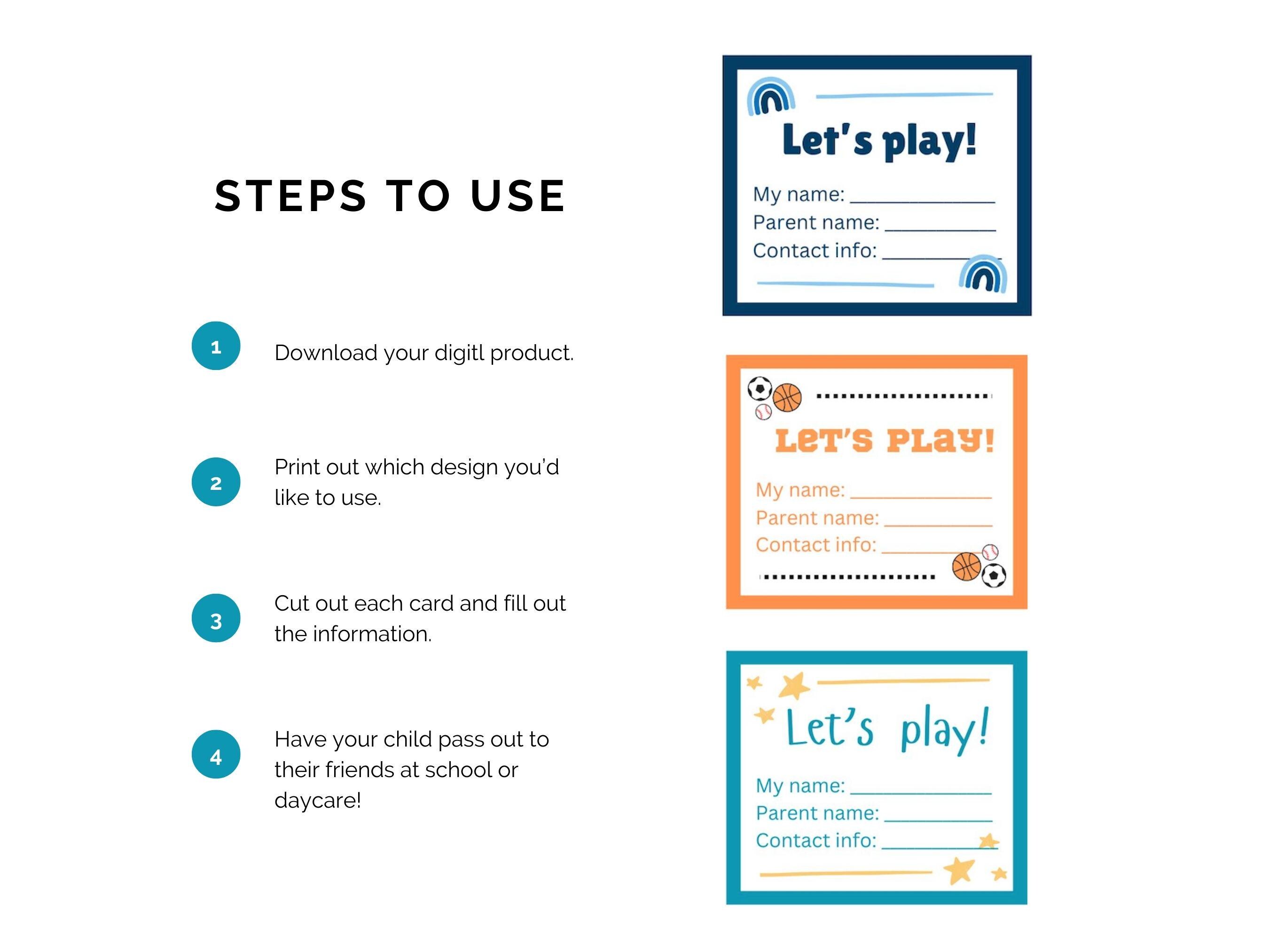 Play Date Contact Cards - Let's Play Printable Parent Contact Card for ...