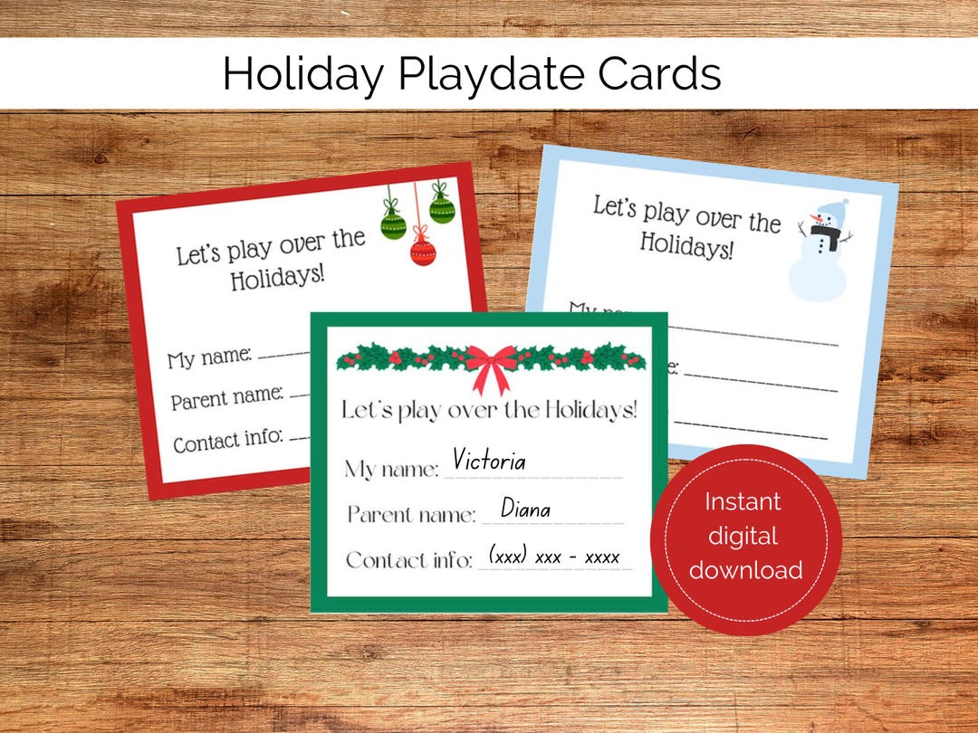 Kid's Holiday Playdate Cards, Winter Break, Parent Contact Card for ...