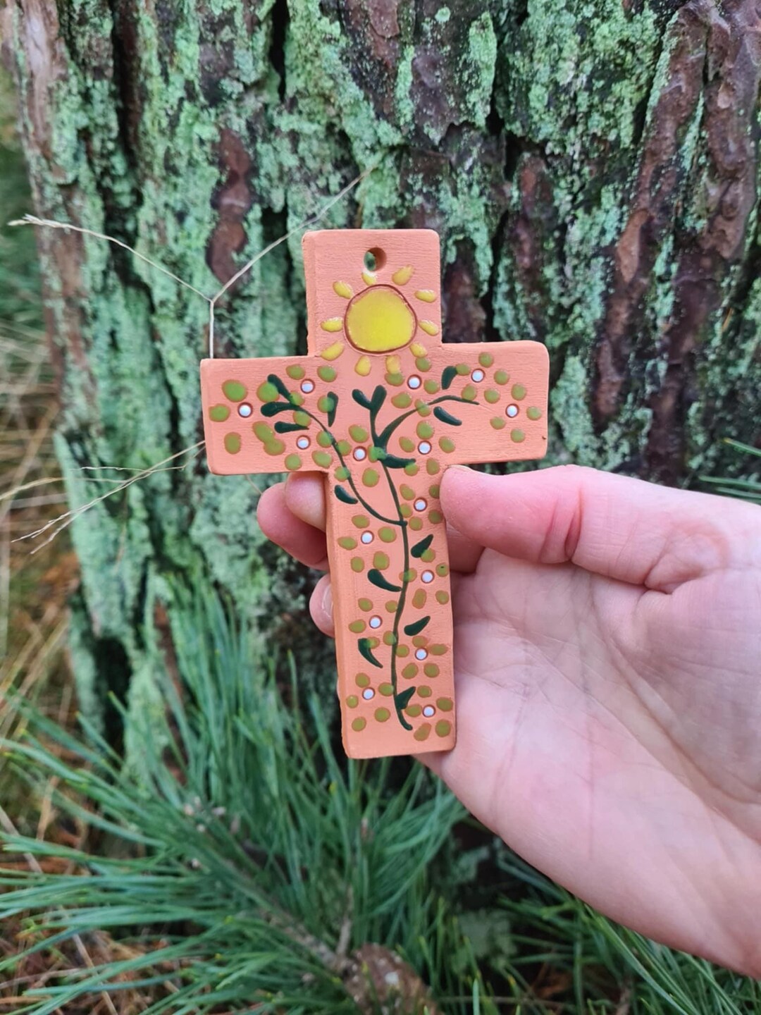 Handmade Ceramic Cross, Sun & Tree, Eternal Life Symbol, Baptism Gift ...