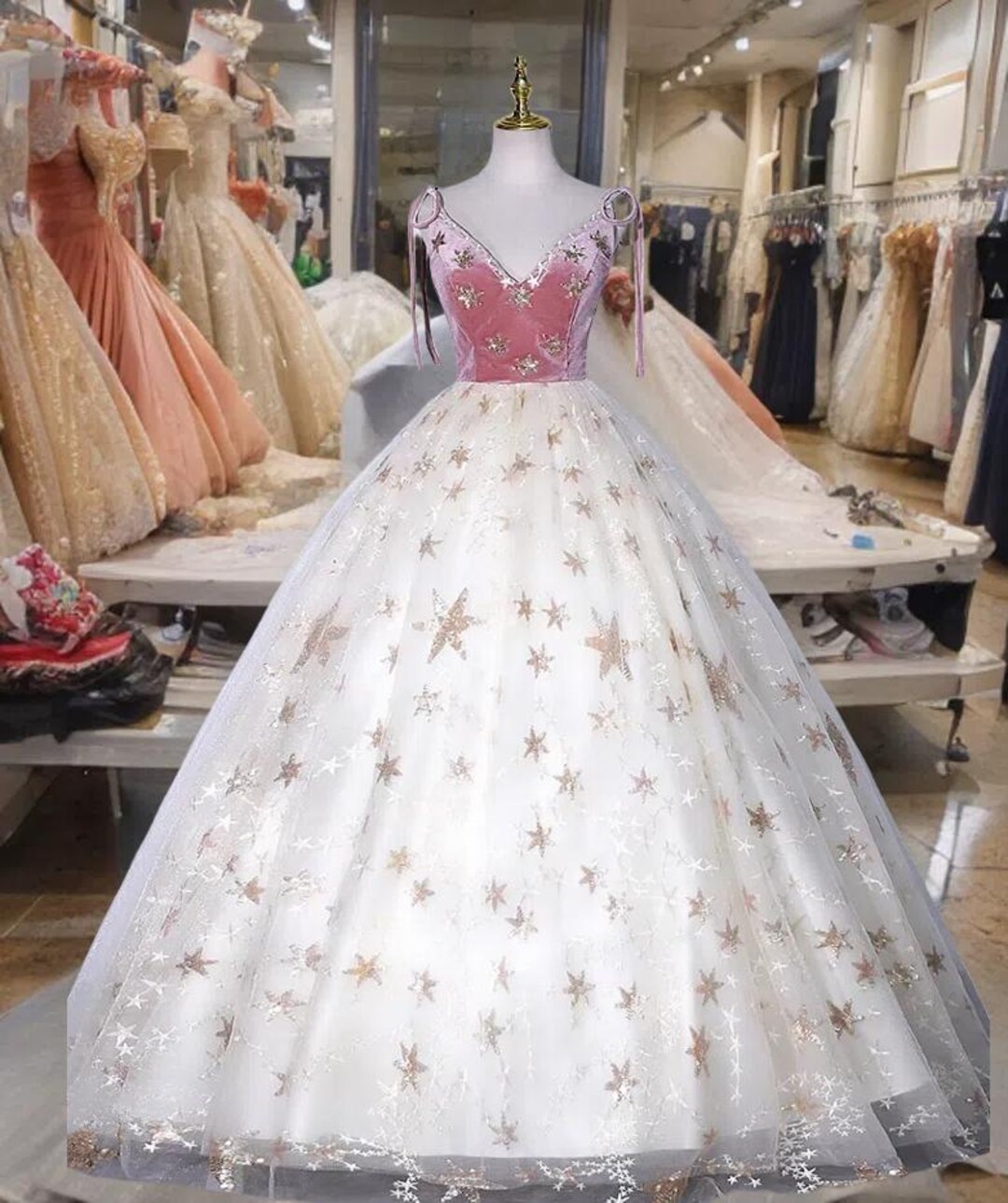Star Pattern Dress,white Ball Gown,pink and White Dress,spaghetti ...