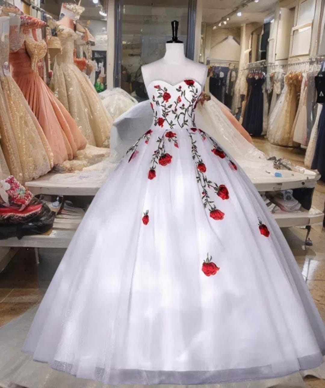 Rose Lace Dress,white Ball Gown,wedding Dress,prom Dress,floral Lace ...